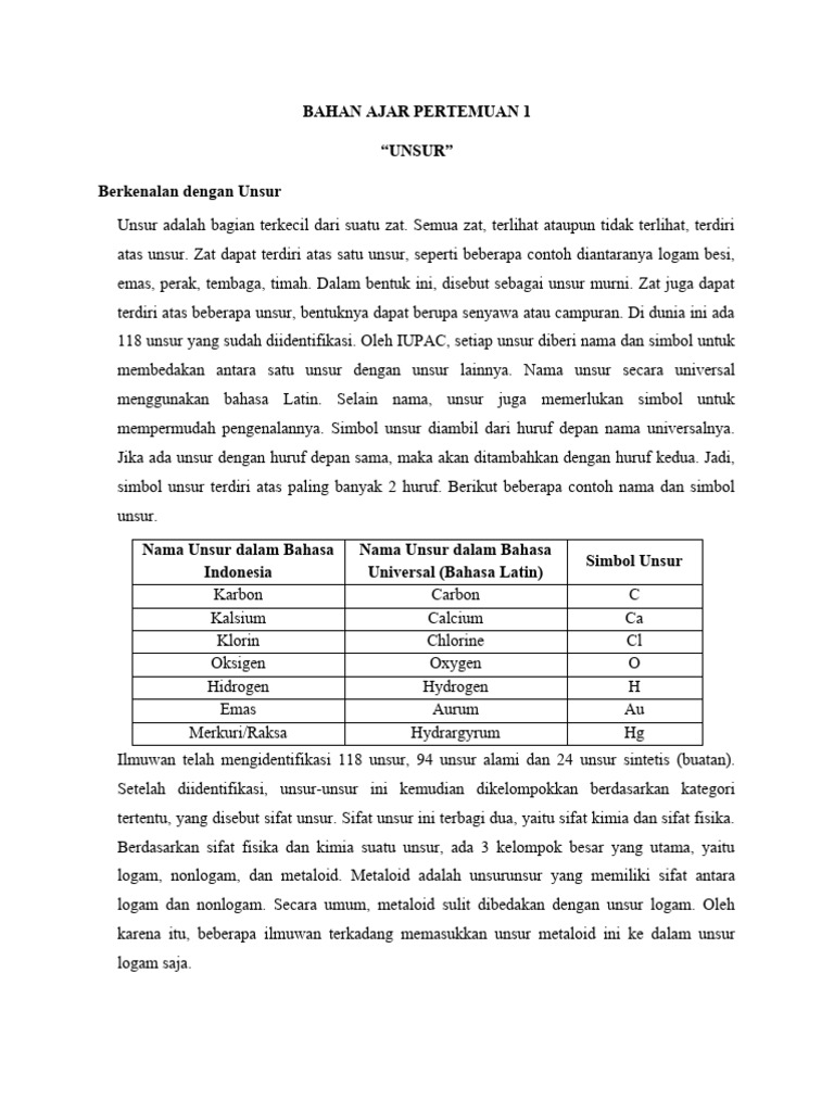 Bahan Ajar Pertemuan 1 (Unsur) | PDF