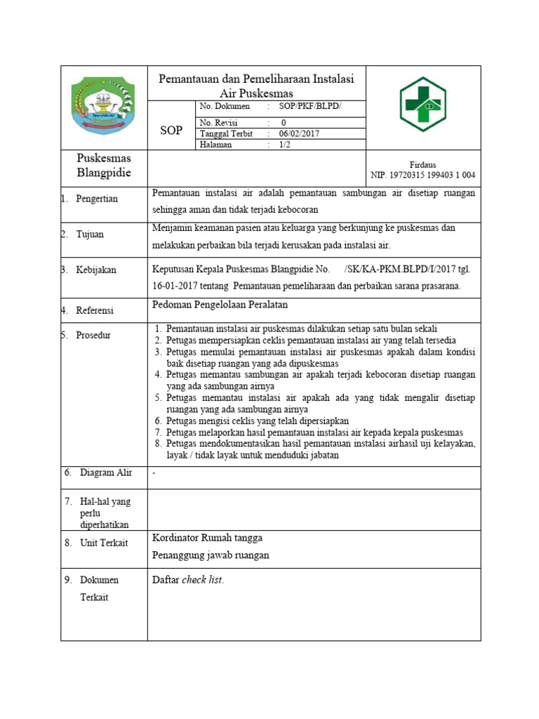E.P 8.5.1.2 Sop Pemantauan Dan Pemeliharaan Instalasi Air Puskesmas | PDF | Teknologi & Rekayasa