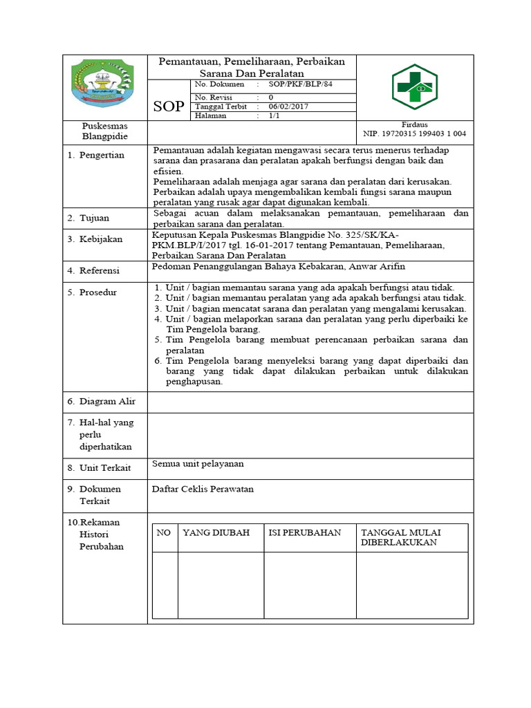 E.P 8.5.1.4 Sop Pemantauan, Pemeliharaan, Perbaikan Sarana &peralatan | PDF | Teknologi & Rekayasa