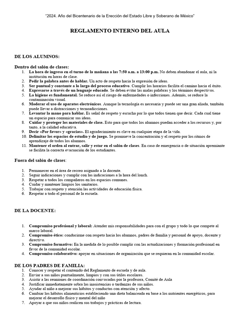 Reglamento Interno Del Aula | PDF | Maestros | Salón de clases