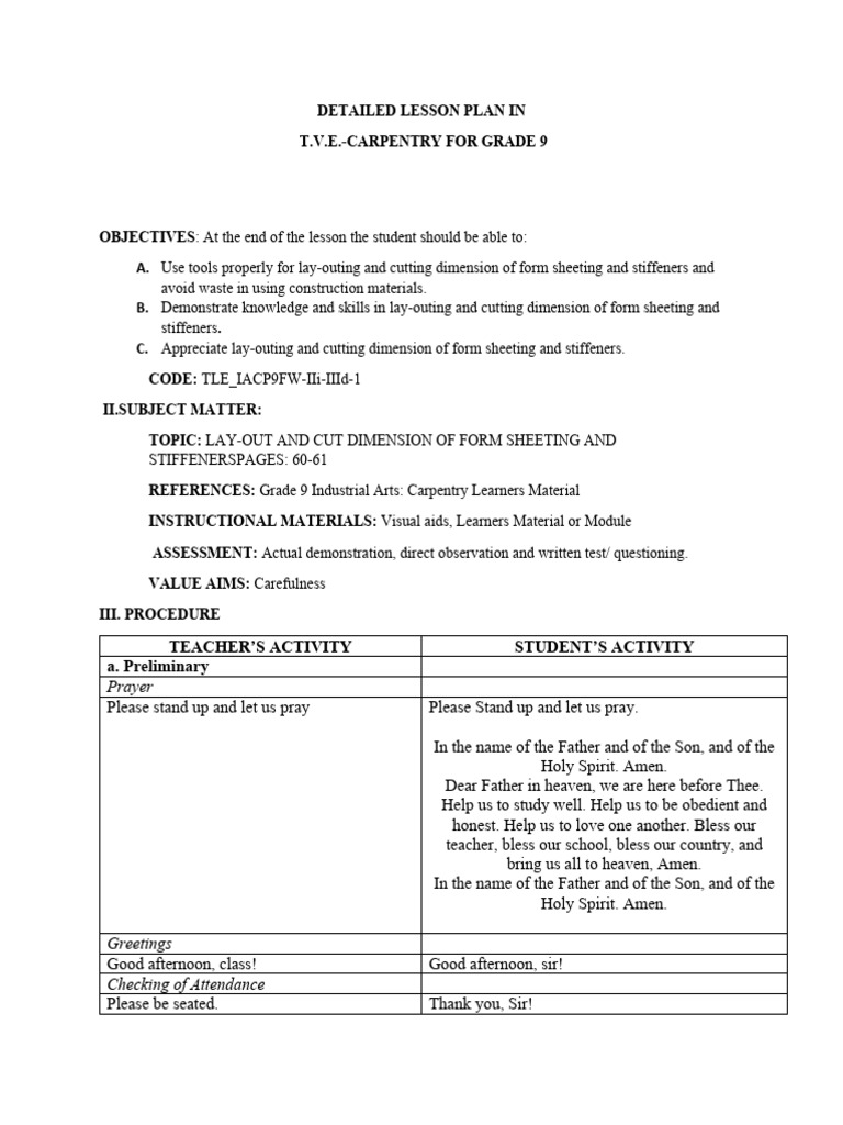 Grade 9 Carpentry Lesson Plan | PDF