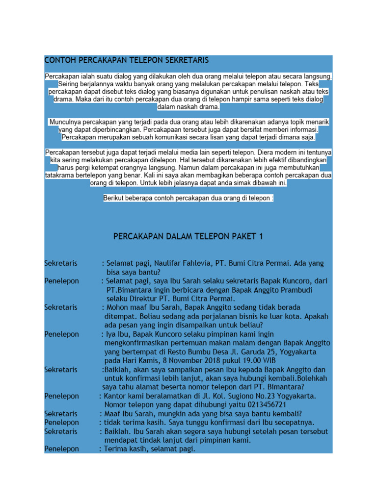 Contoh Percakapan Telepon Sekretaris | PDF