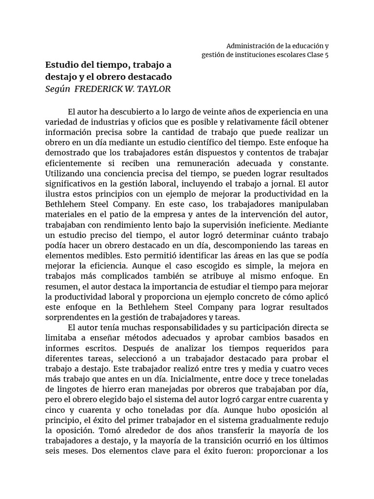 Estudio del tiempo, trabajo a destajo y el obrero destacado Según ...