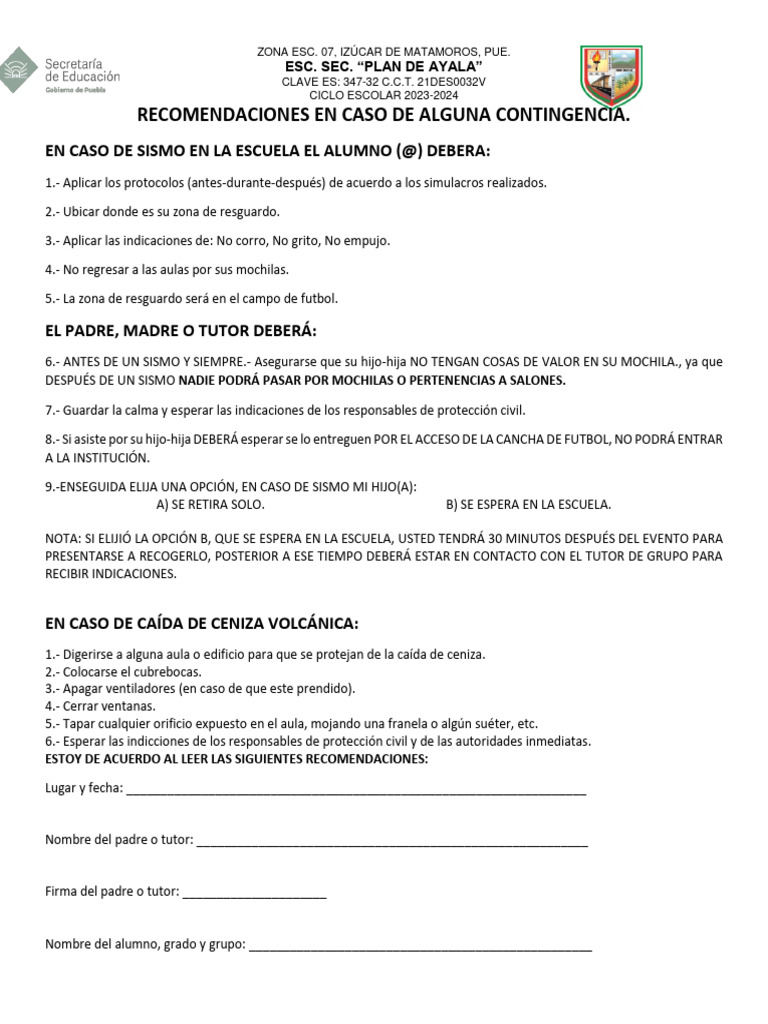Recomendaciones en Caso de Alguna Contingencia Espa | PDF