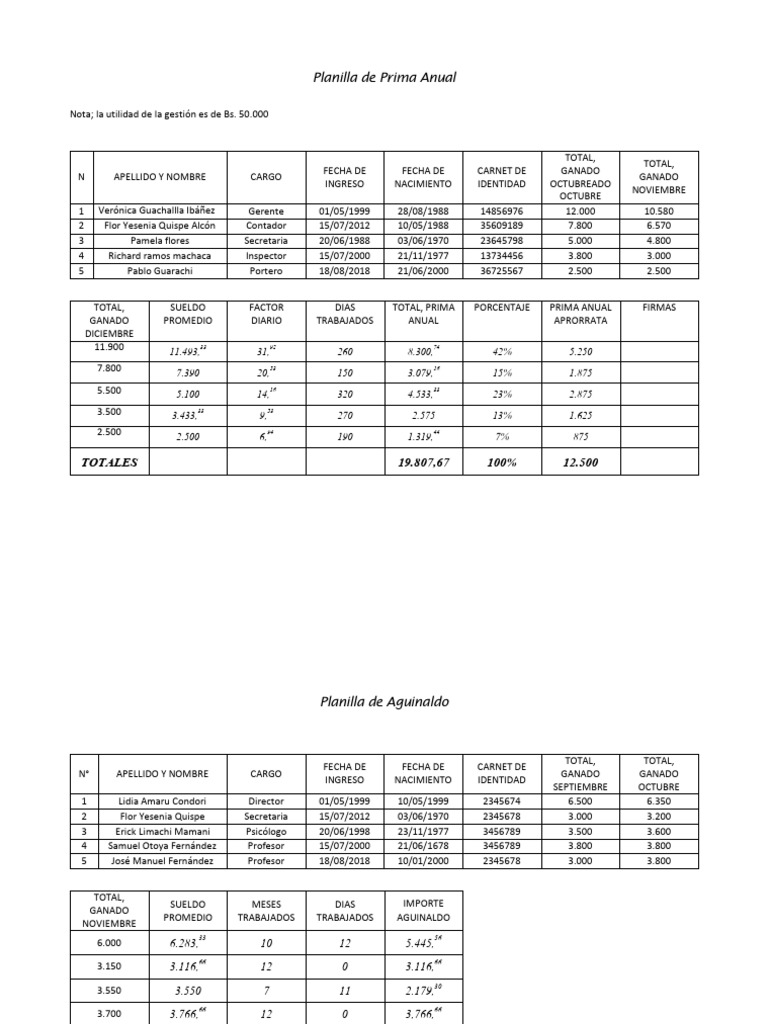 Planilla de Prima Anual | PDF
