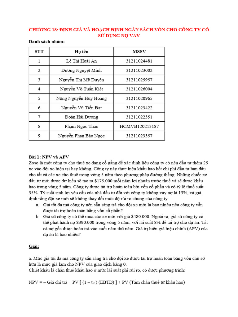 Danh sách nhóm: STT Họ tên Mssv: Chương 18: Định Giá Và Hoạch Định Ngân Sách Vốn Cho Công Ty Có ...