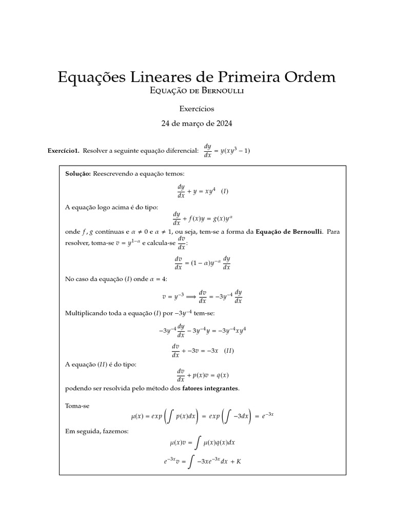 Equação Diferencial - Equação de Bernoulli | PDF | Equações ...