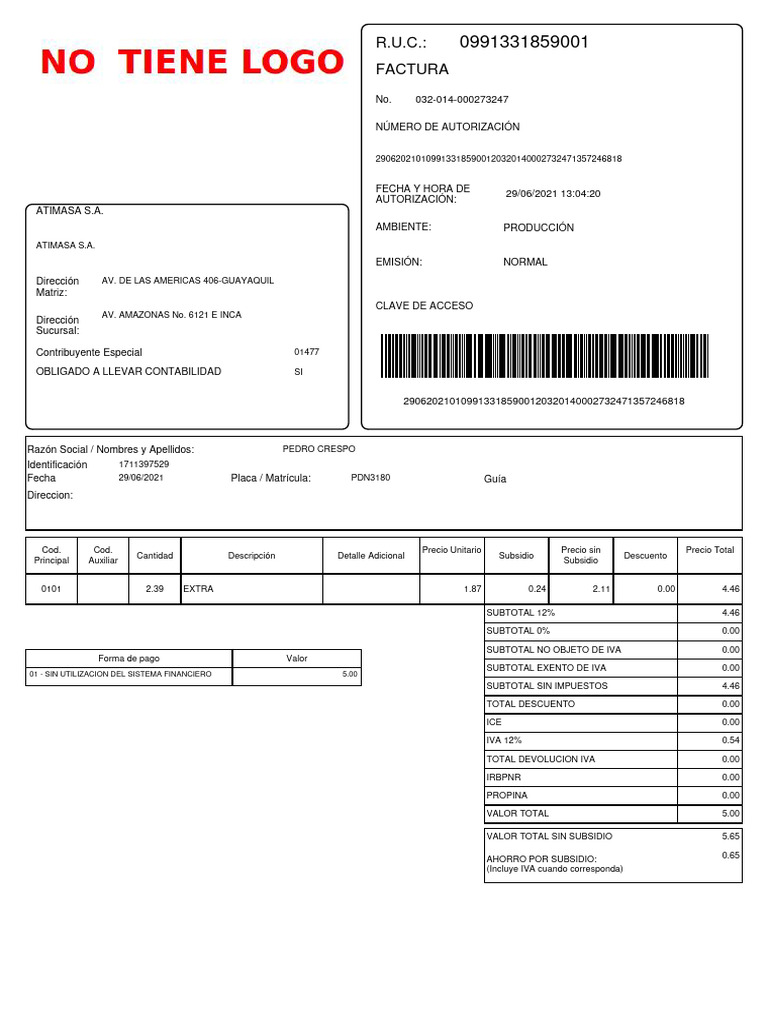 Factura de Venta ATIMASA S.A. | PDF | Economias | Finanzas del gobierno