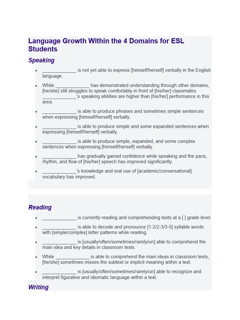 Language Growth Within The 4 Domains For ESL Students | PDF