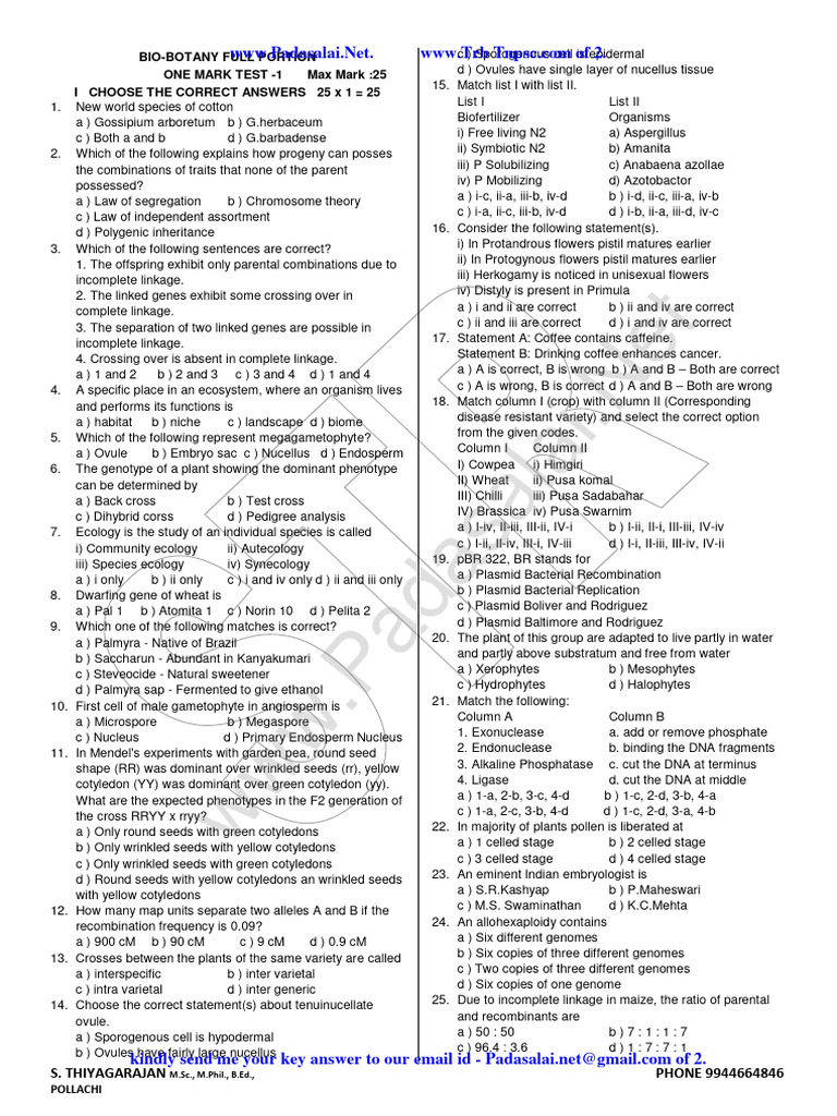 12th Biology 1 Mark Questions and Answer Key English Medium PDF Download | PDF | Dominance ...