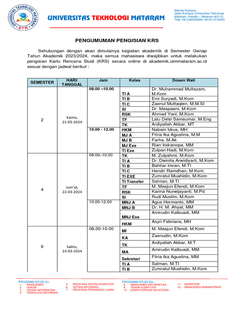 Pengumuman Pengisian KRS Dan Daftar Dosen Wali Genap 2023-2024 | PDF