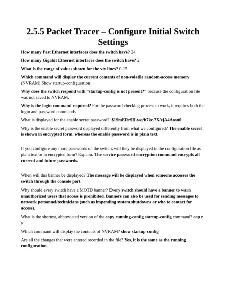 Packet Tracer - Configure Initial Switch Settings | PDF | Business | Computers