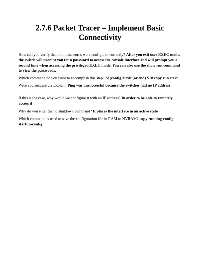 2.7.6 Packet Tracer - Implement Basic Connectivity | PDF 2.7.6 Packet Tracer - Implement Basic Connectivity | PDF