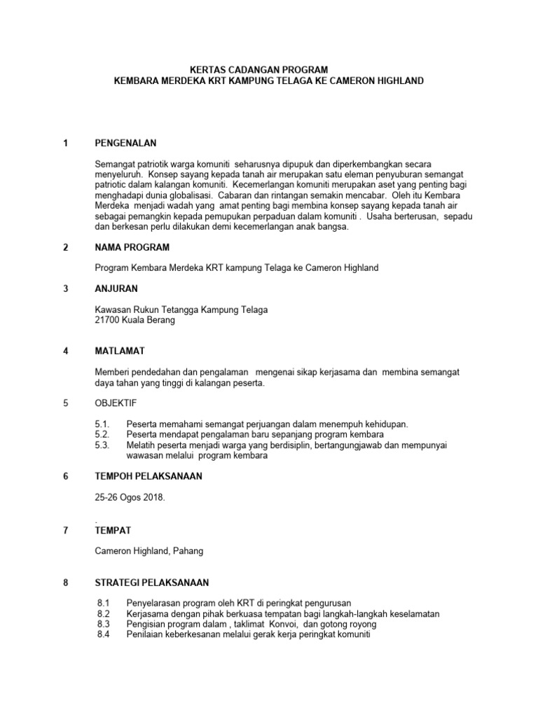 KERTAS CADANGAN PROGRAM Kembara Merdeka KG Telaga | PDF