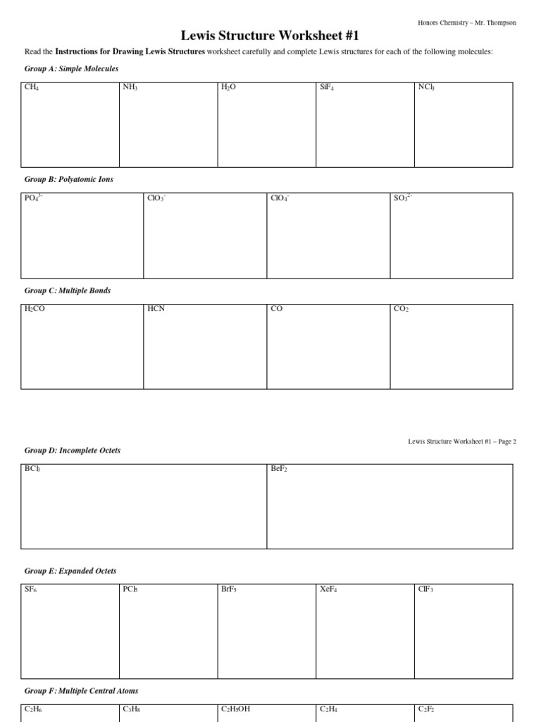 Lewis Structure Worksheet 1 | PDF