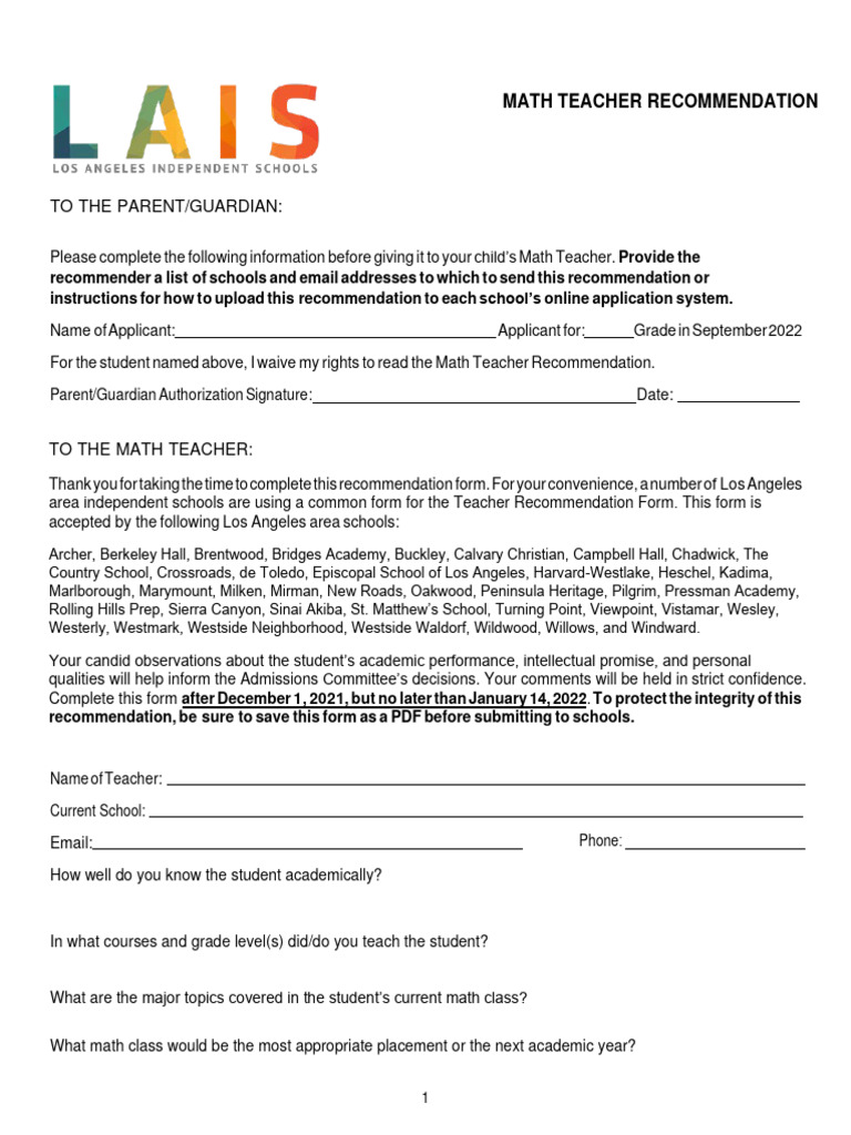Math Teacher Recommendation Form | PDF | Social Psychology | Behavioural Sciences