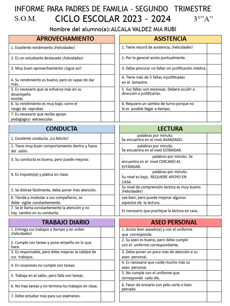 reporte escolar | PDF | Comprensión lectora | Aprendizaje