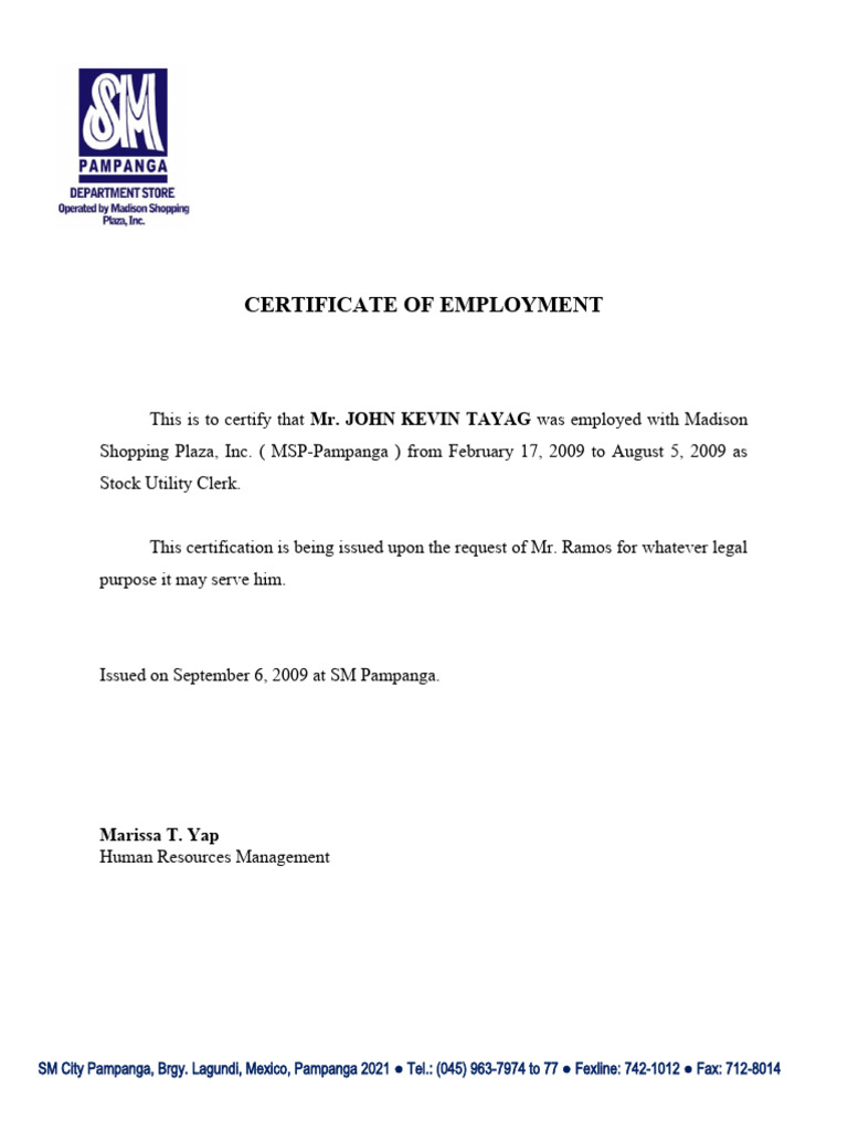 SM Supermarket Certification of Employment | PDF