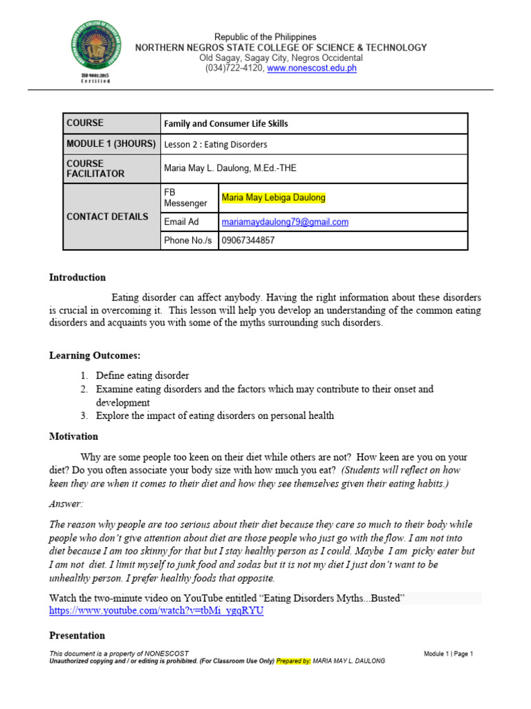 Villacencio, Kristy T. BTLED ICT 2A Module 1-Lesson 2 | PDF | Eating Disorder | Bulimia Nervosa
