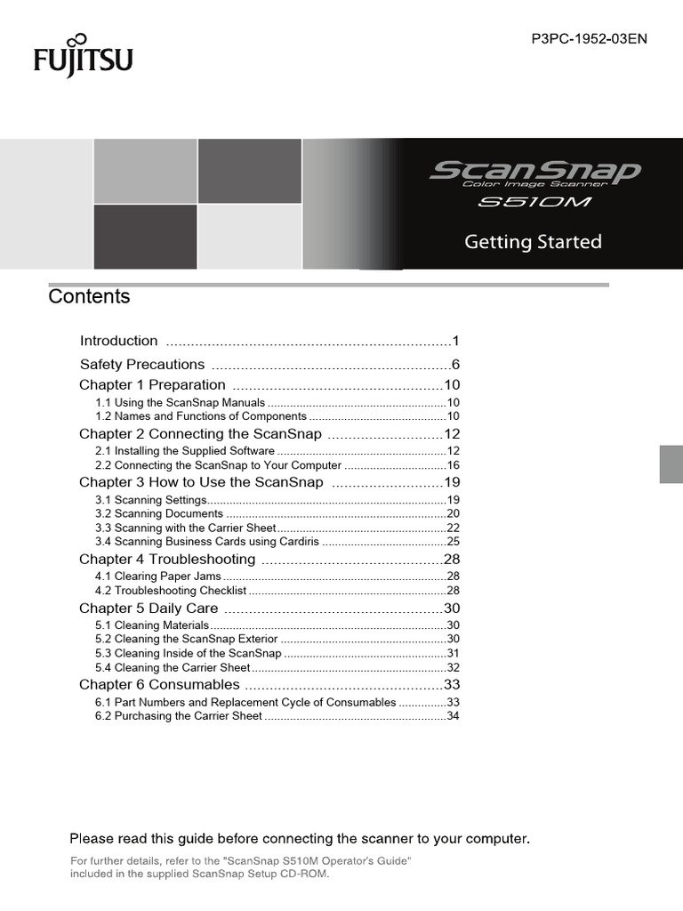 Fujitsu ScanSnap s510M Document Scanner - Getting Started | PDF | Computers