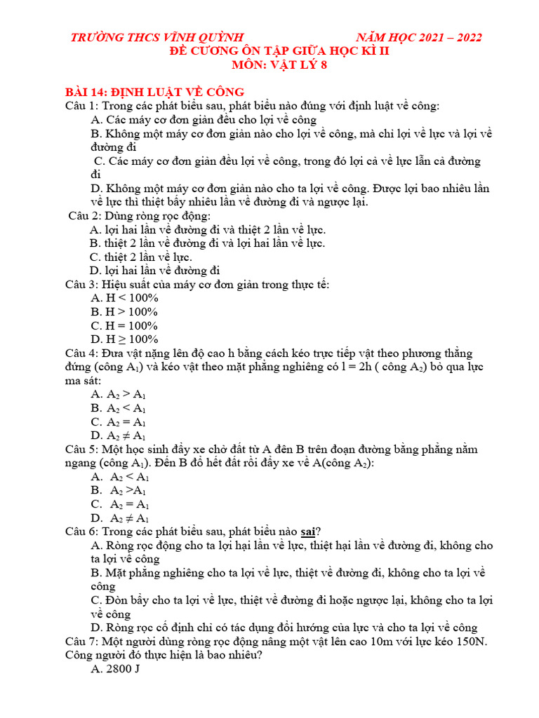 Đề Cương Ôn Tập Giữa Học Kì Ii Môn: Vật Lý 8 Bài 14: Định Luật Về Công ...