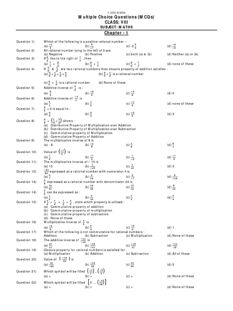 Class 8 Maths MCQs: Rational Numbers & More | PDF