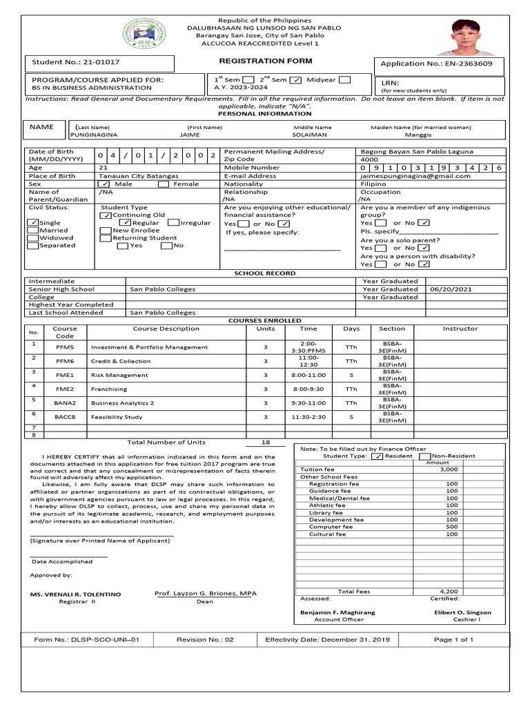 Application No.: EN-2363609 Program/Course Applied For: LRN: Student No ...