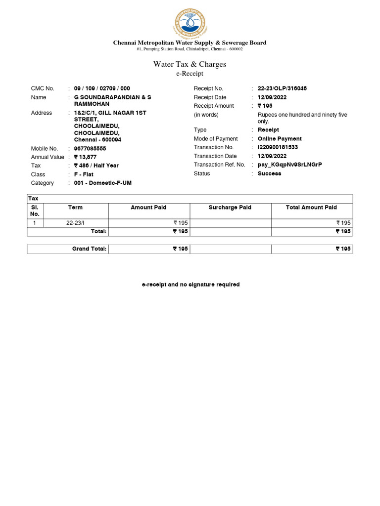 Chennai Water Tax e-Receipt Details | PDF | Rupee | Receipt