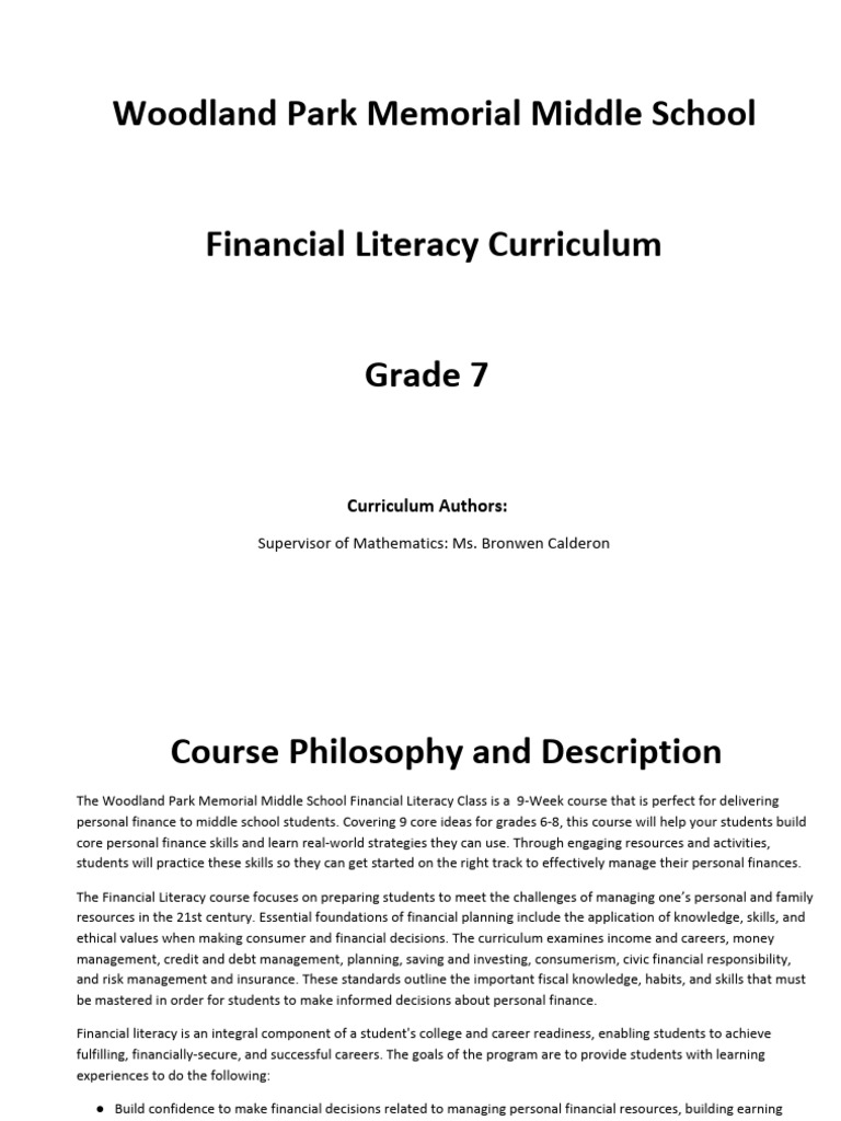 Financial Literacy Curriculum Grade 7 | PDF | Financial Literacy ...