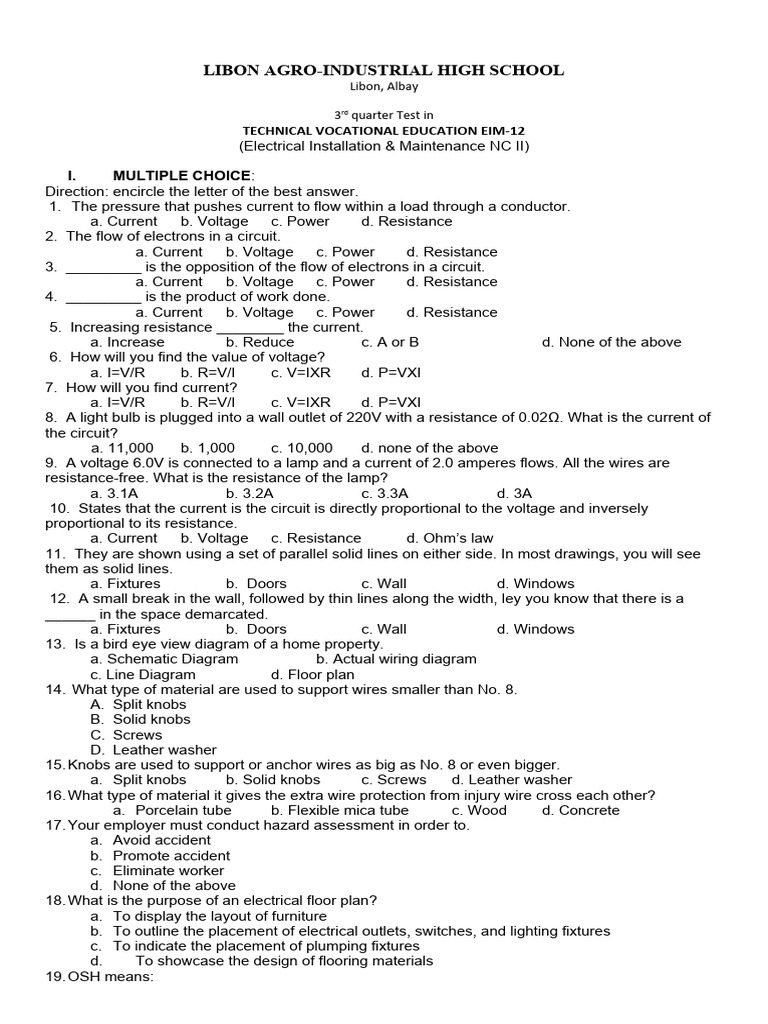 EIM-12 Electrical Exam | PDF | Electrical Resistance And Conductance | Electric Current