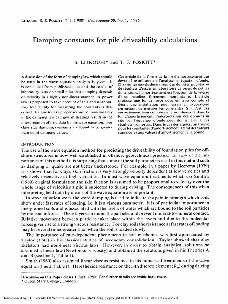 Damping Constant For Pile Driveability Calculations | PDF | Viscosity | Friction