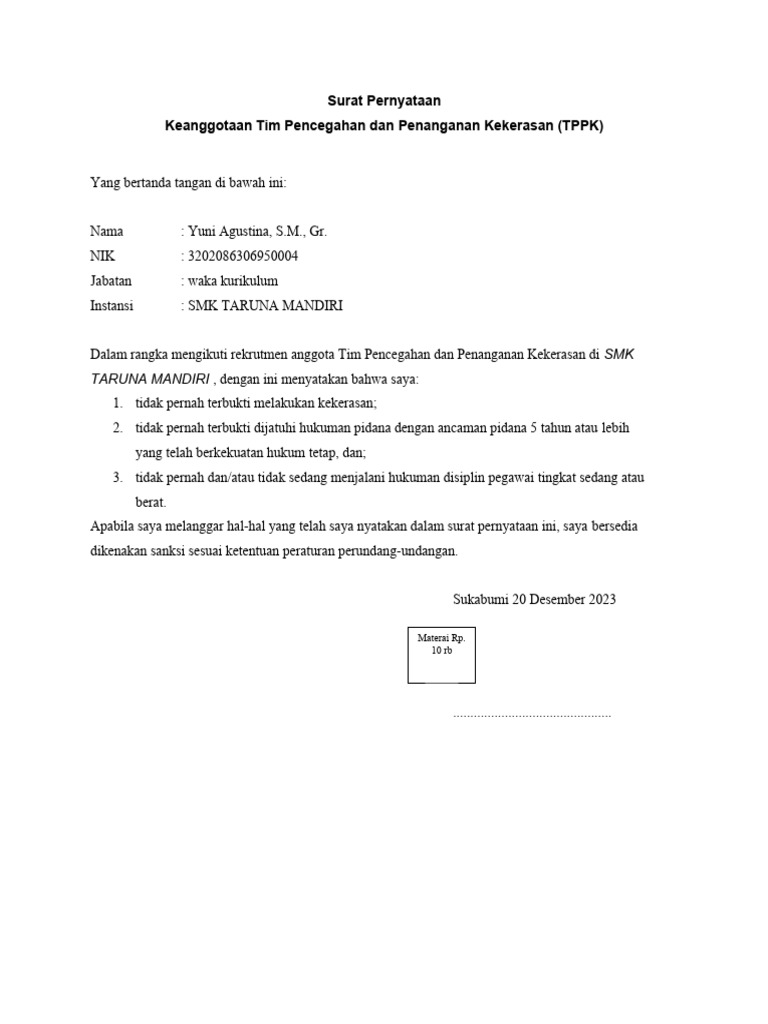 Lampiran 1 - Contoh Surat Pernyataan Keanggotaan TPPK Dan Satgas | PDF