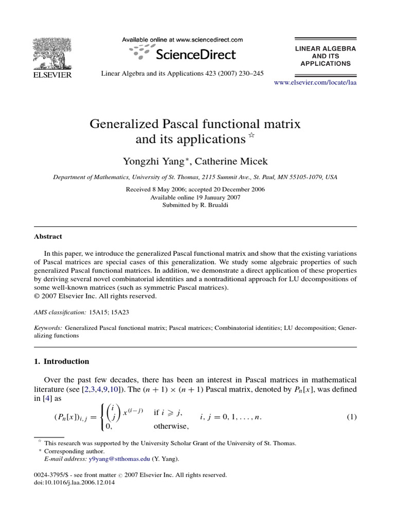Generalized Pascal Functional Matrix and Its 2007 Linear Algebra and Its App | PDF | Matrix ...