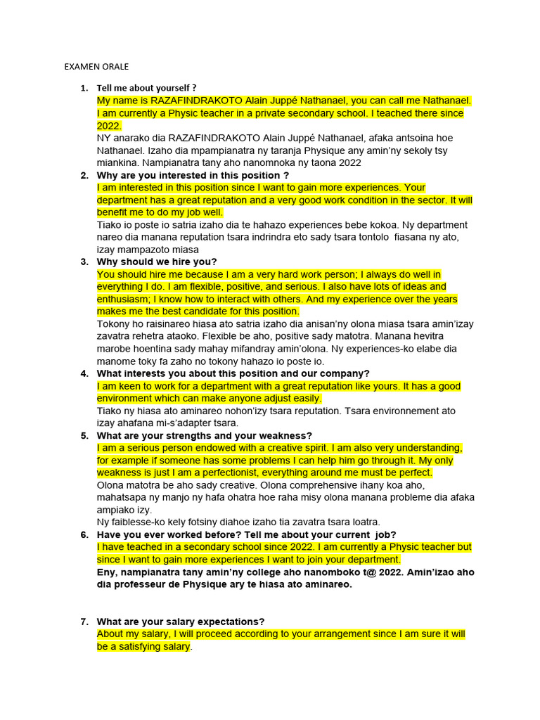 Examen Orale Job Interview | PDF