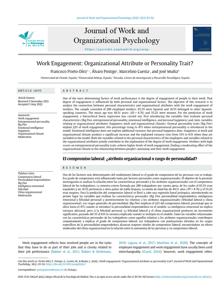 Journal of Work and Organizational Psychology | PDF | Emotional ...