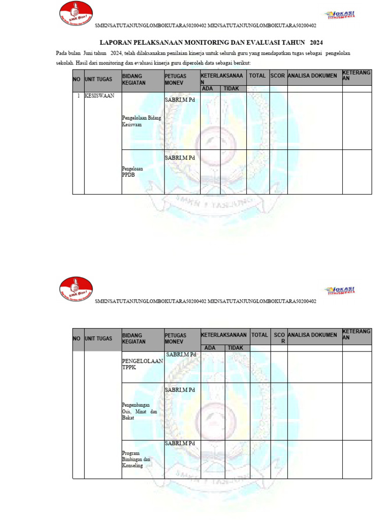 Form Laporan Monev TGS Tambahan | PDF