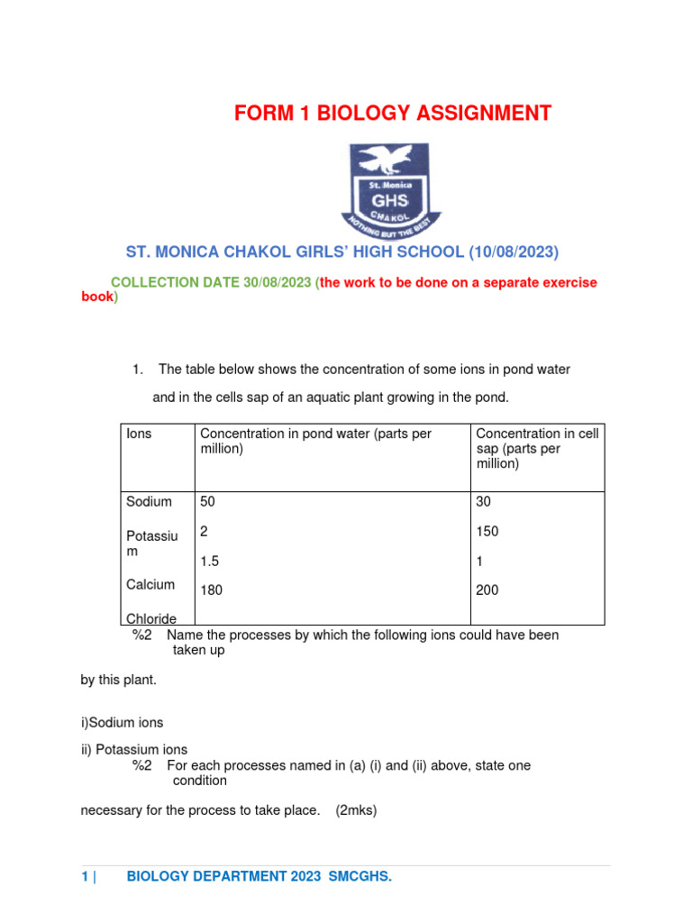 August Biology Assignment Assignments - Form 1 - Biology | PDF ...