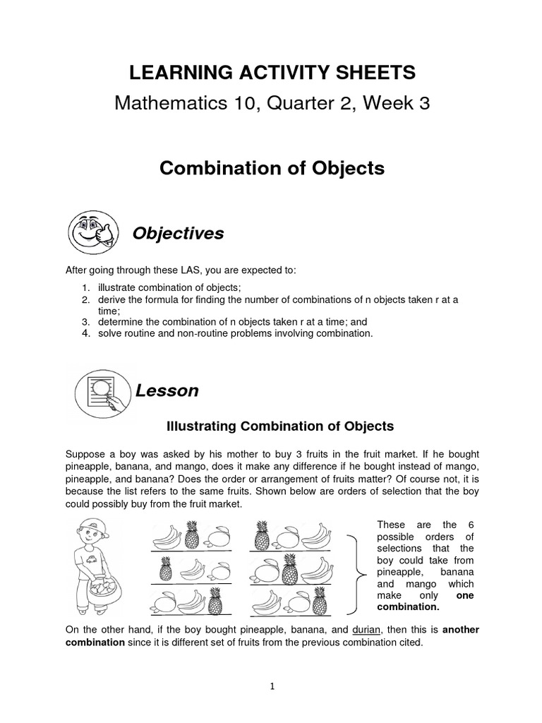 Combinations in Mathematics: LAS 10 Q2 W3 | PDF | Mathematics