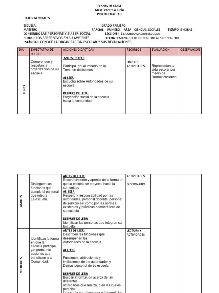 Planes de Clase para Primer Grado | PDF | Escuelas | Evaluación