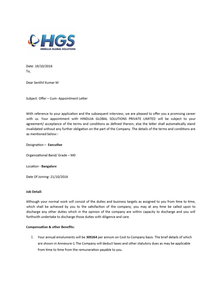 Offer Letter HGS | PDF | Employment | Salary