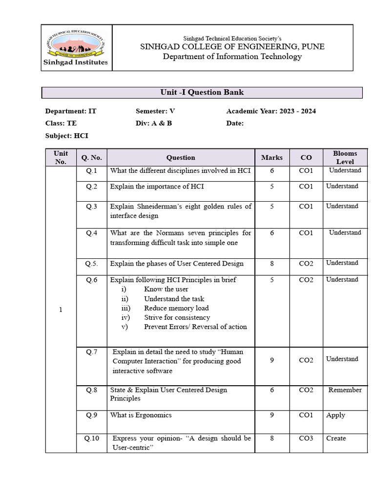 HCI - Unit 1& 2 Question Bank | PDF | Human–Computer Interaction | Engineering