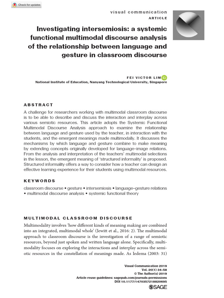Lim 2019 Investigating Intersemiosis A Systemic Functional Multimodal Discourse Analysis of The ...