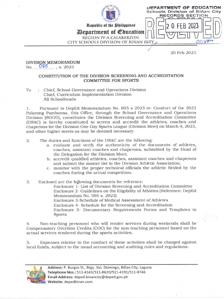 DM No. 085 S. 2023 Constitution of THR Division Screening and ...