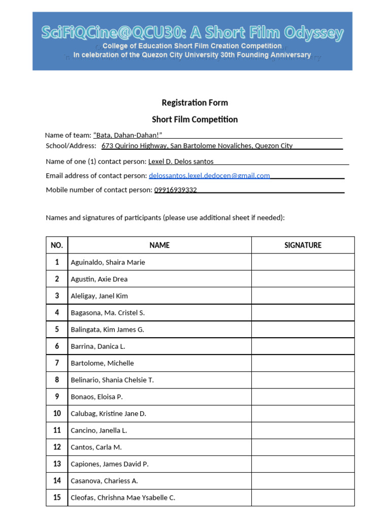 Registration Form For Short Film Competition | PDF