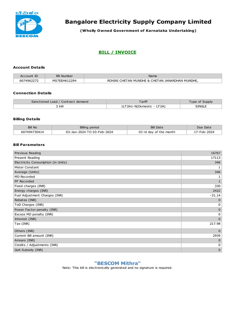 BESCOM Mithra Bill-6074962272-607494730414 | PDF | Energy Economics ...