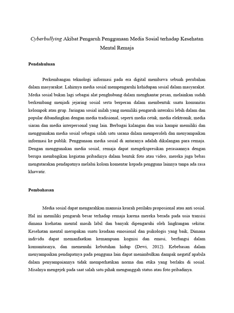 Cyberbullying Akibat Pengaruh Penggunaan Media Sosial terhadap Kesehatan Mental Remaja | PDF