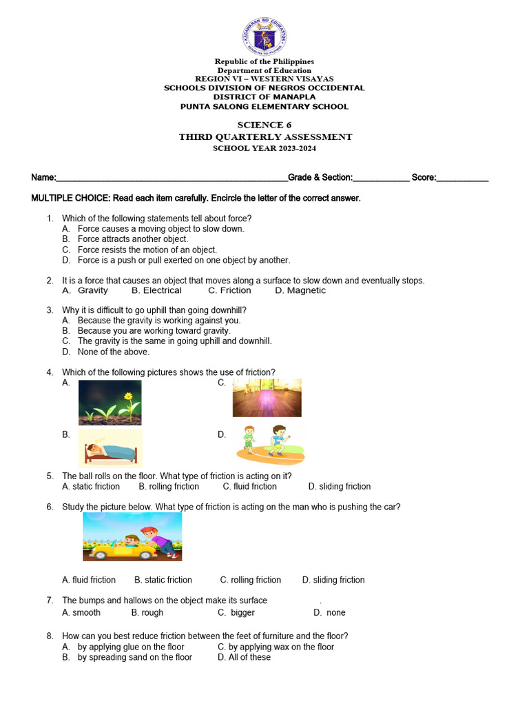 Science 6 q3 Sample Test With Tos 1 1 | PDF | Friction | Machines