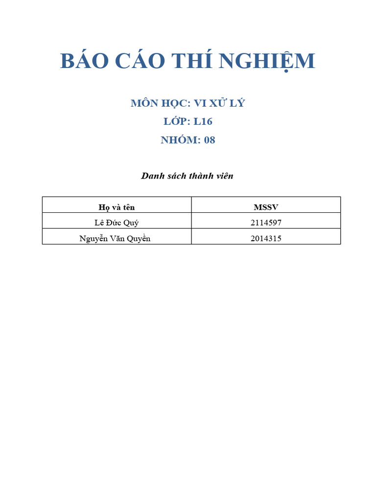 Báo Cáo Thí Nghiệm: Môn Học: Vi Xử Lý LỚP: L16 NHÓM: 08 | PDF