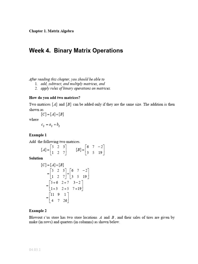W4 - Binary Operation (Matrix) | PDF | Matrix (Mathematics) | Functions ...