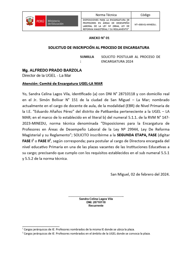 Solicitud y Declaracion Jurada de Encargatura-2024 | PDF | Documento de ...
